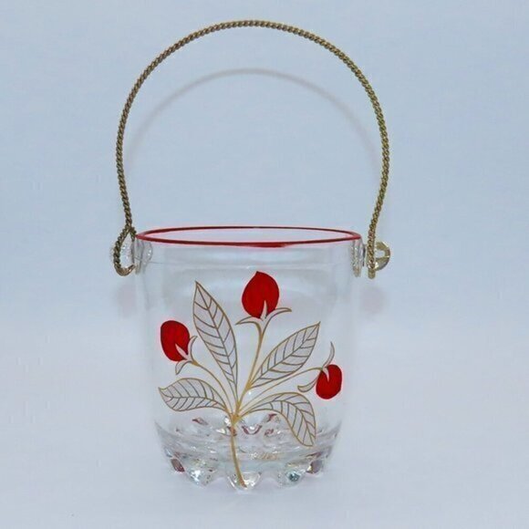 Dining | Vintage Clear Glass Ice Bucket Caddy Red White Gold Flowed ...